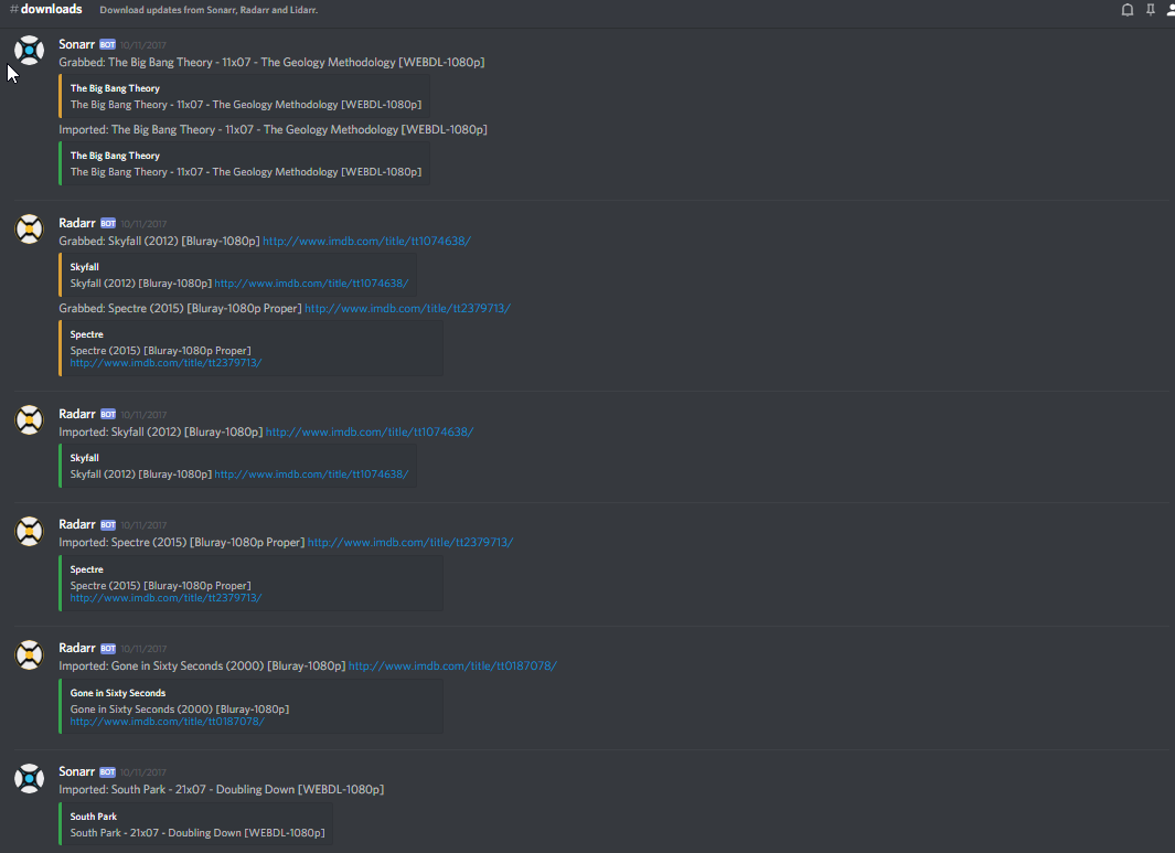 Discord notifications: Sonarr, Radarr and Lidarr · tig's Blog